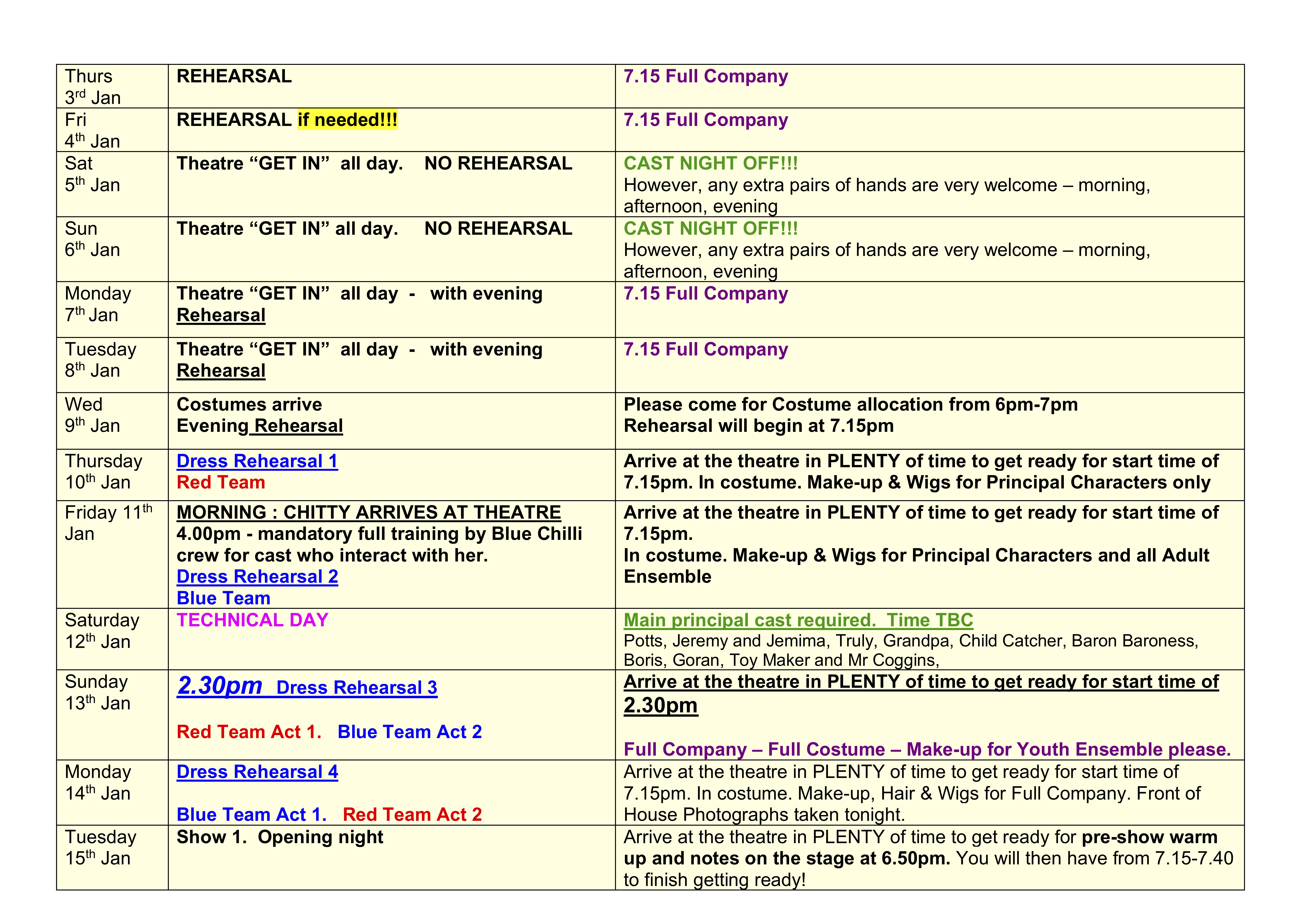 Rehearsal Schedule | CHITTY 2019 – Ballywillan Drama Group